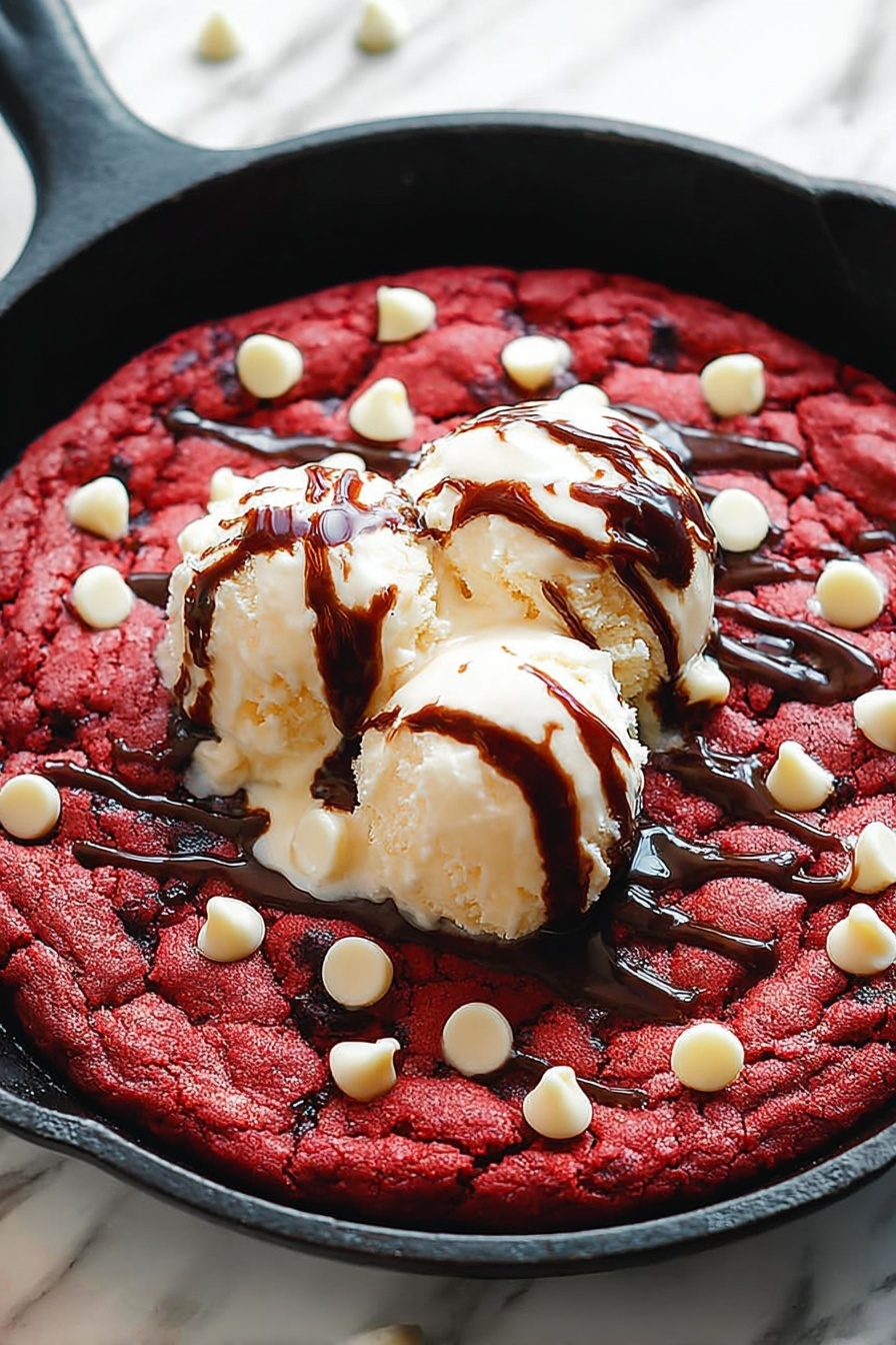 Red Velvet Skillet Cookie with White Chocolate | Cozy, Indulgent Dessert